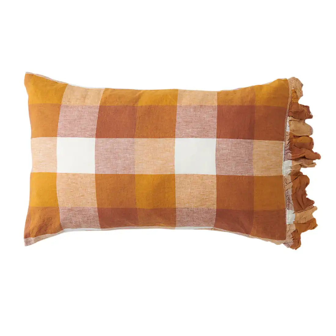 SOW biscuit check linen pillowcases with ruffle – green with envy nz